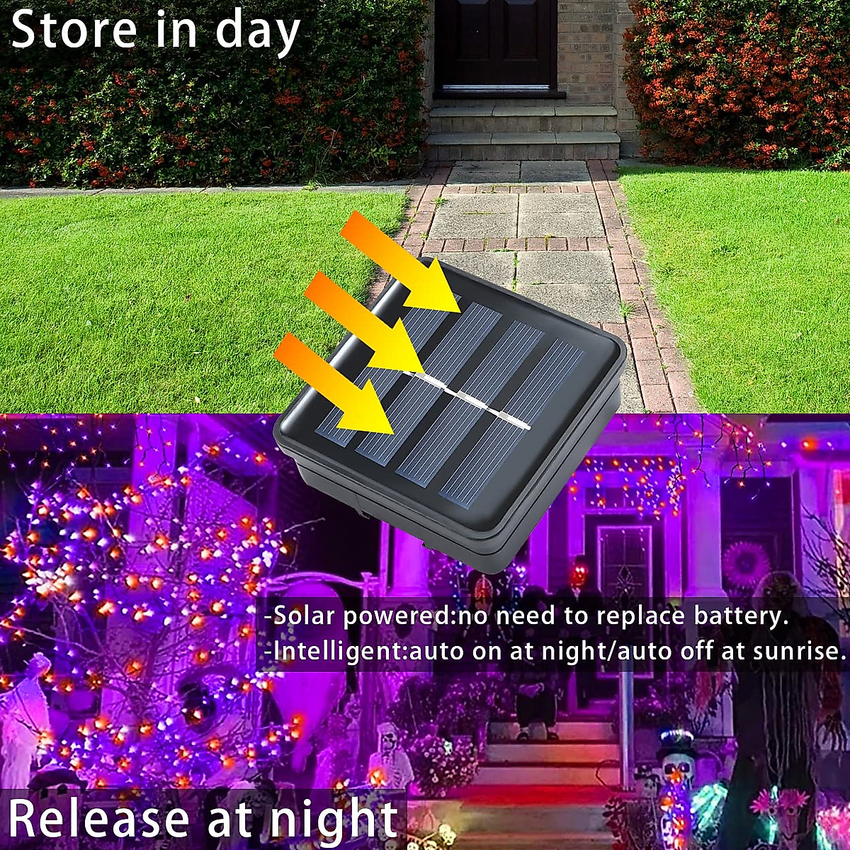YAOZHOU Halloween Decorations Outdoor Lights, Solar String Lights Purple Orange IP67 Waterproof 2 Pack Total 200 LED 66FT 8 Modes Fairy Lights, Outside Fall Decor for Tree, Garden, Patio, Fence, Lawn