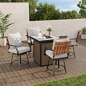Grand patio 5-Piece Swivel Patio Bar Set with Fire Pit Table 40,000 BTU Heat Output, Leather-Look Wicker Outdoor Height Patio Bar Stools Set of 5, Patio Bar Height Chairs with High Back and Armrest