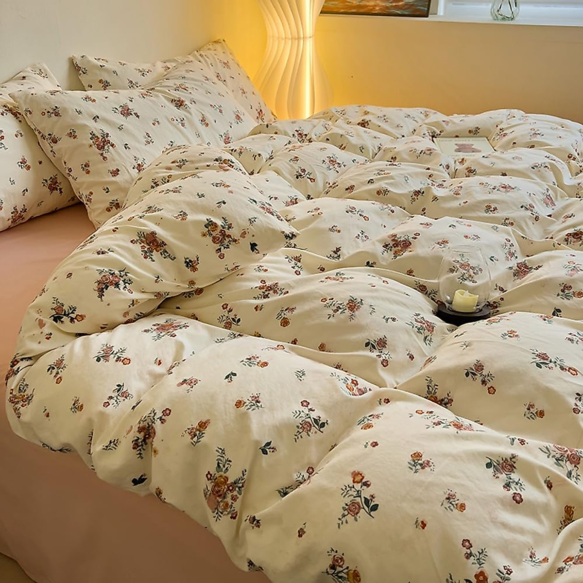 HOLY HOME Floral Bedding Set, Duvet Cover Set, 4 Pieces Spring Rose Flower Bedclothes with Pillowcases, Zipper Closure/Corner Ties (Rose Island, Queen)