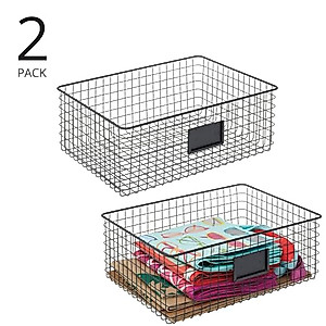 mDesign Wide Steel Wired Storage Organizer Bin Baskets with Label Slot for Kitchen Pantry, Cabinet, Organizing Holder for Food, Drinks, Snacks, Produce, Omaha Collection, 2 Pack, Matte Black
