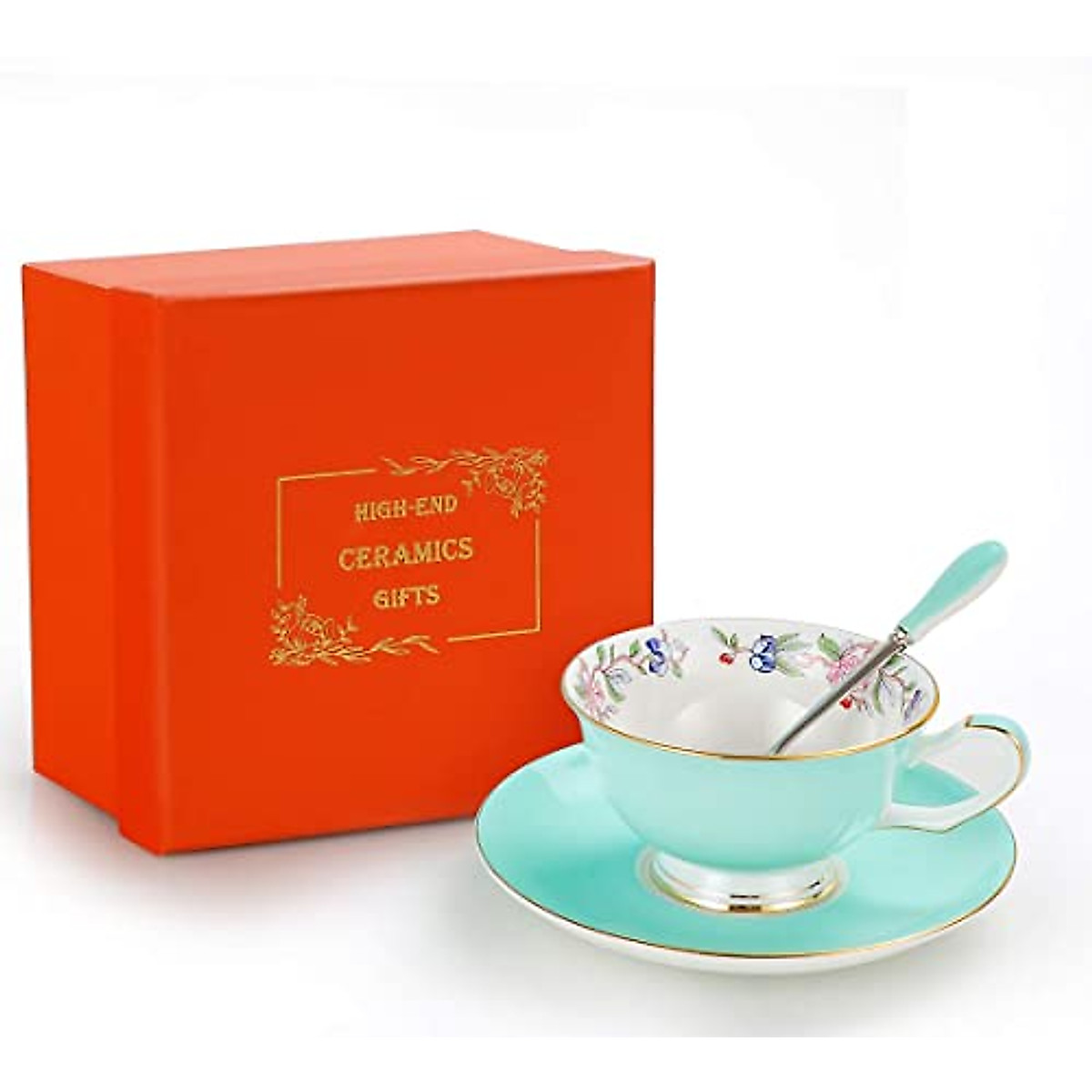 3 Piece Bone China Cup and Saucer Set with Spoon Vintage Porcelain Coffee Cup Set, Floral Tea Cup Set with Gold Trim and Gift Box, 7.1oz.