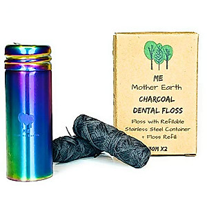 Vegan Biodegradable Bamboo Charcoal Dental Floss with Refillable Stainless Steel Rainbow Container | Extra Floss Refill | Natural Candelilla Wax | 33yds x2 | Peppermint | Eco Zero Waste Oral Care