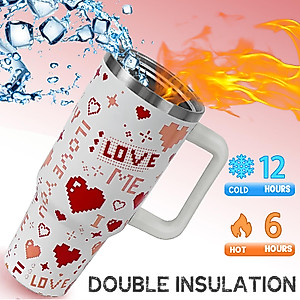 Nqhsionv Valentines Tumbler with Handle 40 oz 5D Pixel Style Love Hearts Coffee Travel Mug Stainless Steel Insulated Cup Valentines Anniversary Wedding Birthday Gifts for Women