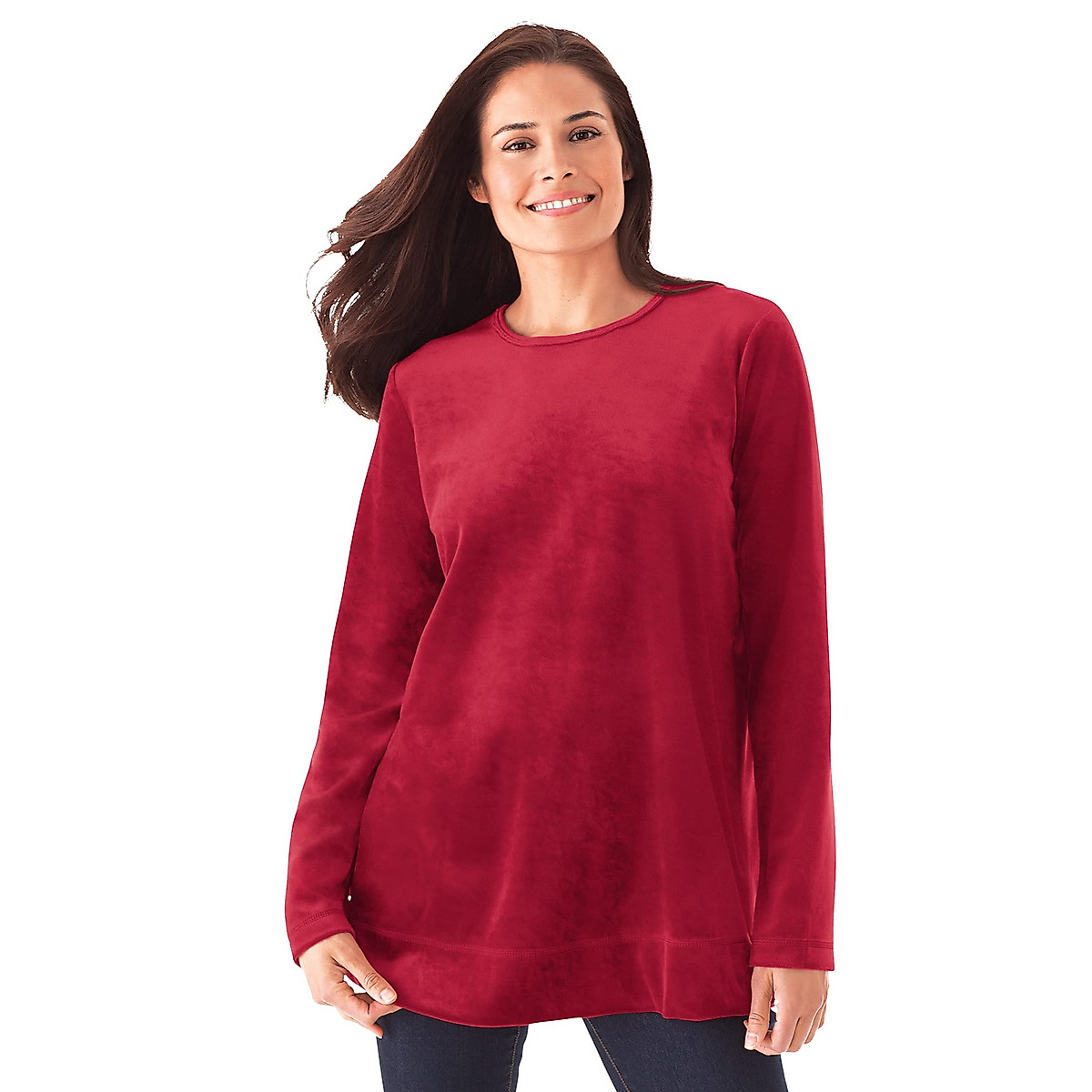 Woman Within Women's Plus Size Plush Velour Tunic Sweatshirt - 1X, Classic Red