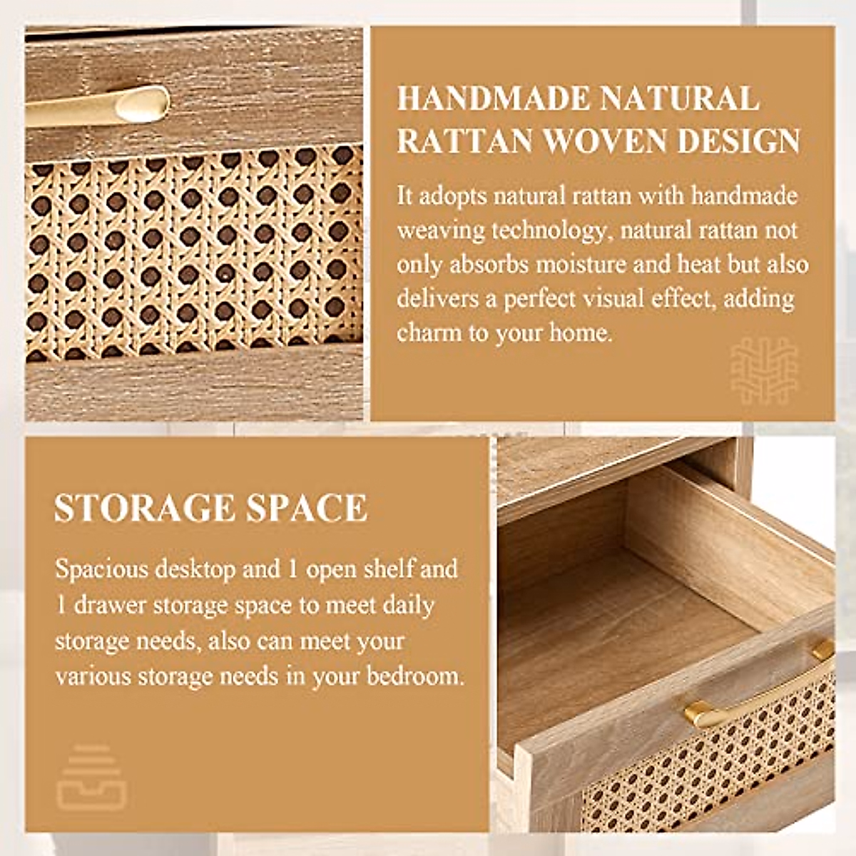 LETESA Rattan Nightstands Set of 2, with Rattan Decor Drawer and Open Shelf, Bed Side Tables with Solid Wood Feet, End Table, Night Stands, for Bedroom, Living Room (2, Natural-Square)