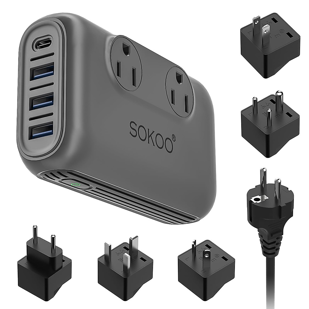 SOKOO International Power Adapter 220v to 110v Converter, Voltage Converter US to Europe with 3 USB A and 1 USB C Step Down Power Converter Adapter Combo for Curling Irons and Hair Straighteners