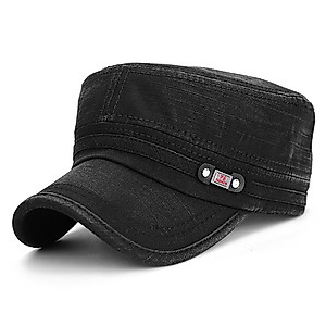 Glamorstar Unisex Cadet Army Cap Washed Cotton Military Corps Hat Flat Top Cap Black,One Size
