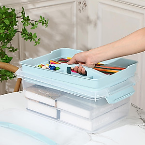 Skybooly 3 Pack Stack and Carry Box Clear Plastic Storage Container Stackable Home Utility Box with Removable Tray Multipurpose Bins with Handle Lid for Stationery Sewing Art Craft Supplies (Blue)