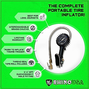 Rhino USA Tire Inflator with Pressure Gauge (0-100 PSI) - ANSI B40.1 Accurate, Large 2" Easy Read Glow Dial, Premium Braided Hose, Solid Brass Hardware, Best for Any Car, Truck, Motorcycle, RV…