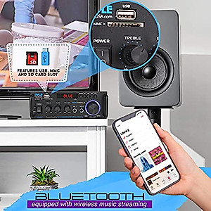 Pyle Wireless Bluetooth Stereo Power Amplifier - 200W Dual Channel Sound Audio Stereo Receiver System w/ RCA, USB, SD, MIC IN, FM Radio, For Home Theater Entertainment via RCA, Studio Use - PDA29BU