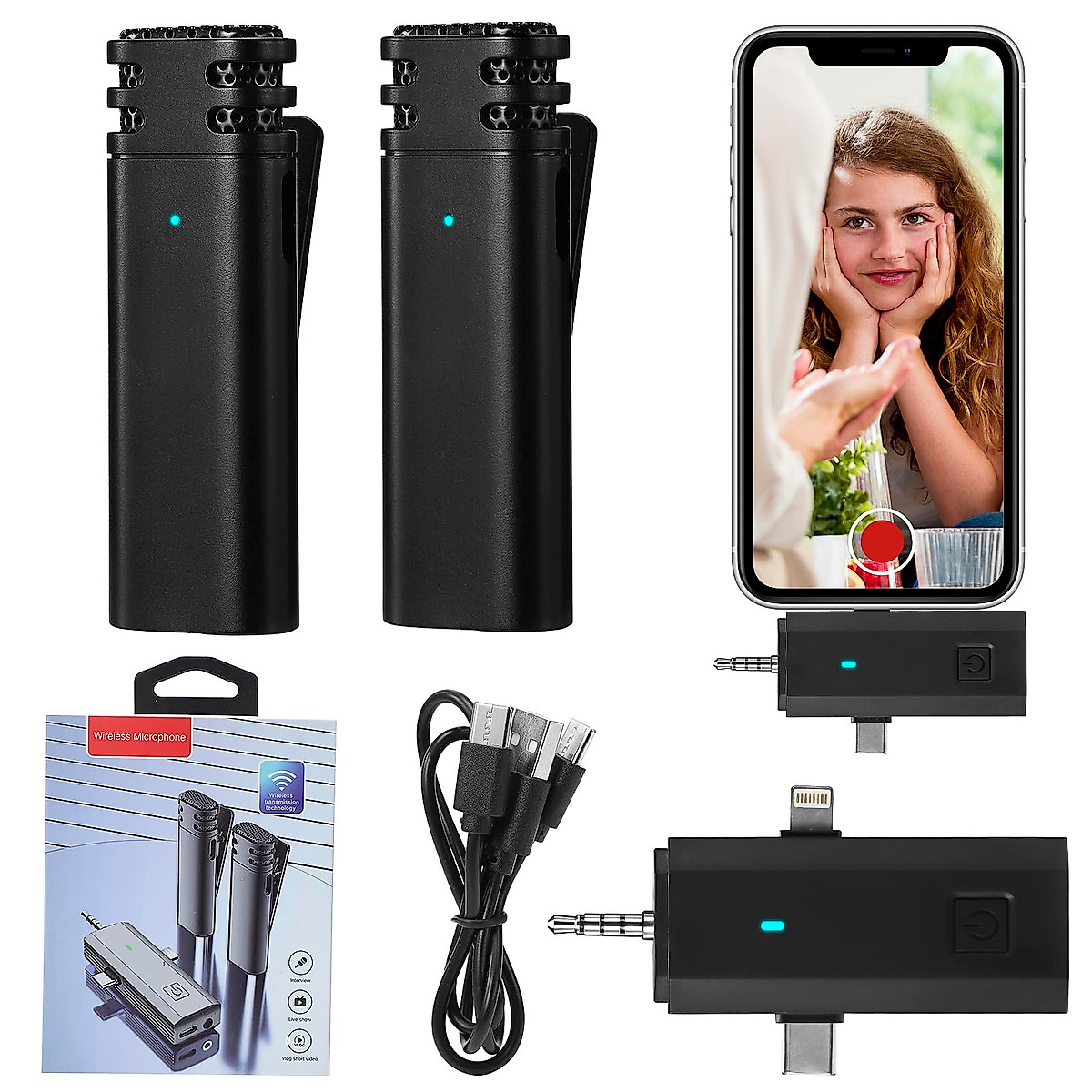 Biupky 3 in 1 Wireless Clip Mic, Wireless Lavalier Microphones, Lapel Clip-on Microphone, Plug-Play Wireless Microphones, for Android iPhone iPad Camera Video Recording TikTok Facebook YouTube Live