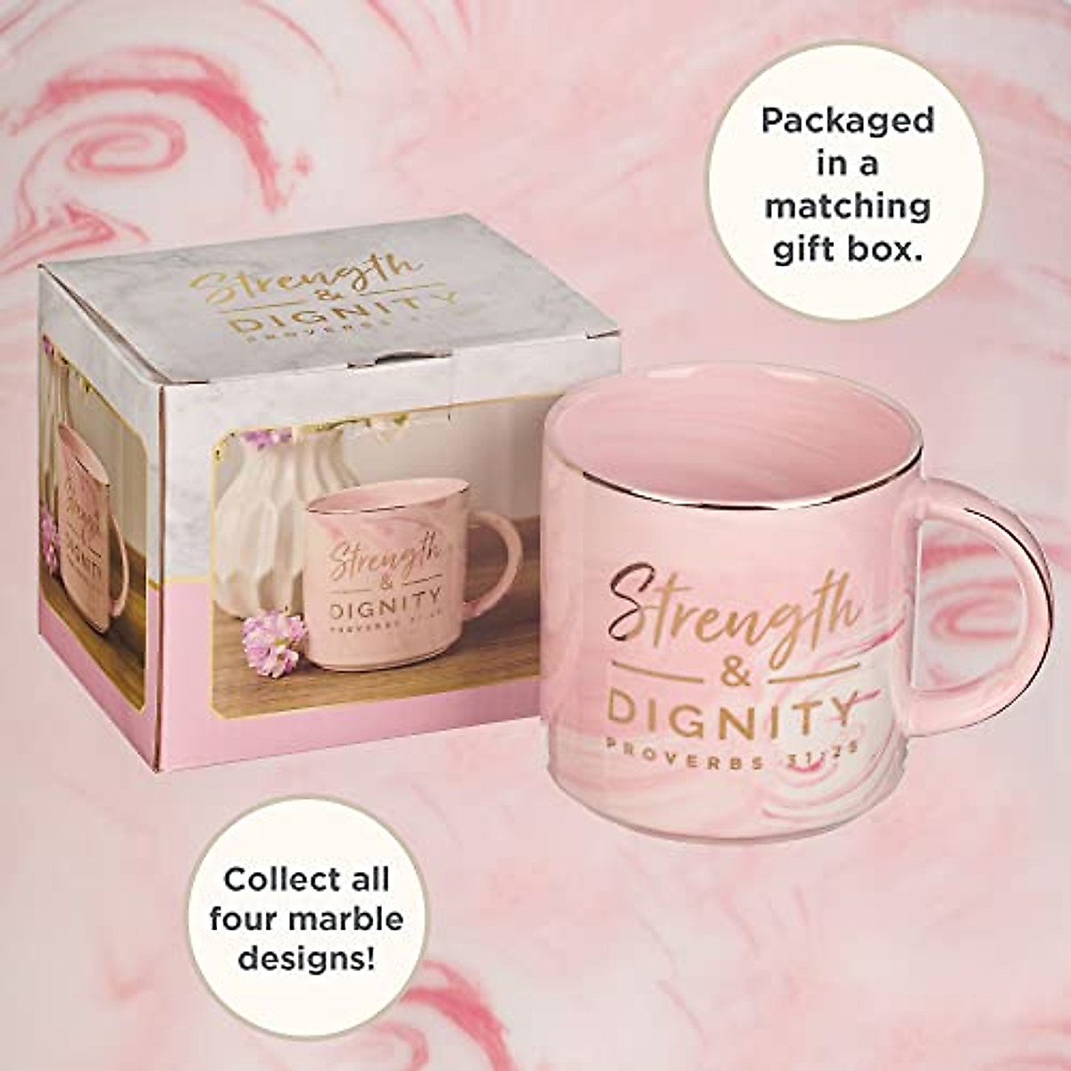 Christian Art Gifts Marble Ceramic Coffee & Tea Mug w/Gold Trim, 13 oz Encouraging Bible Verse for Women: Strength & Dignity - Proverbs 31:25 Lead-free Novelty Drinkware, White/Pink Swirl