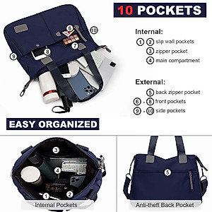 Women Tote Bag with Multiple Pockets & Zipper for Work ,Nylon Tote Handbag ,Large Shoulder Purse,Waterproof Galaxy Cross body Bag for Travel (Navy Blue 1)