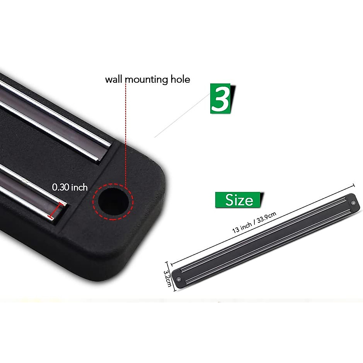 Wall Mount Magnetic Knife Holder - 13 Inch Black ABS Plastic Block Storage Rack with Chef Strip, Utensil Kitchen Organizer for Metal Knives