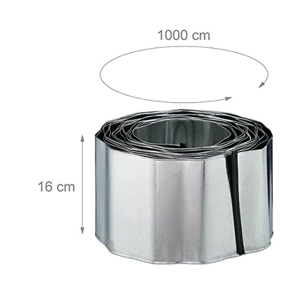 Relaxdays 10m Lawn Edging, Metal Flowerbed Border, Galvanized, Flexible, Garden Fencing, 16 cm Tall, Silver