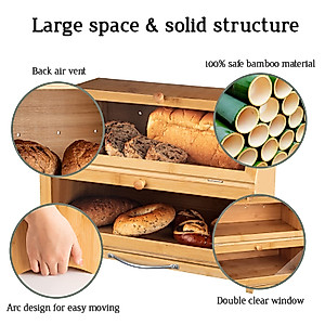 MAISONPEX Double Layer Large Bamboo Bread Box for Kitchen Countertop, Cutting Board, and Stainless Steel Bread Knife, Large Capacity Bread Storage Container with Clear Windows (Self-Assembly)
