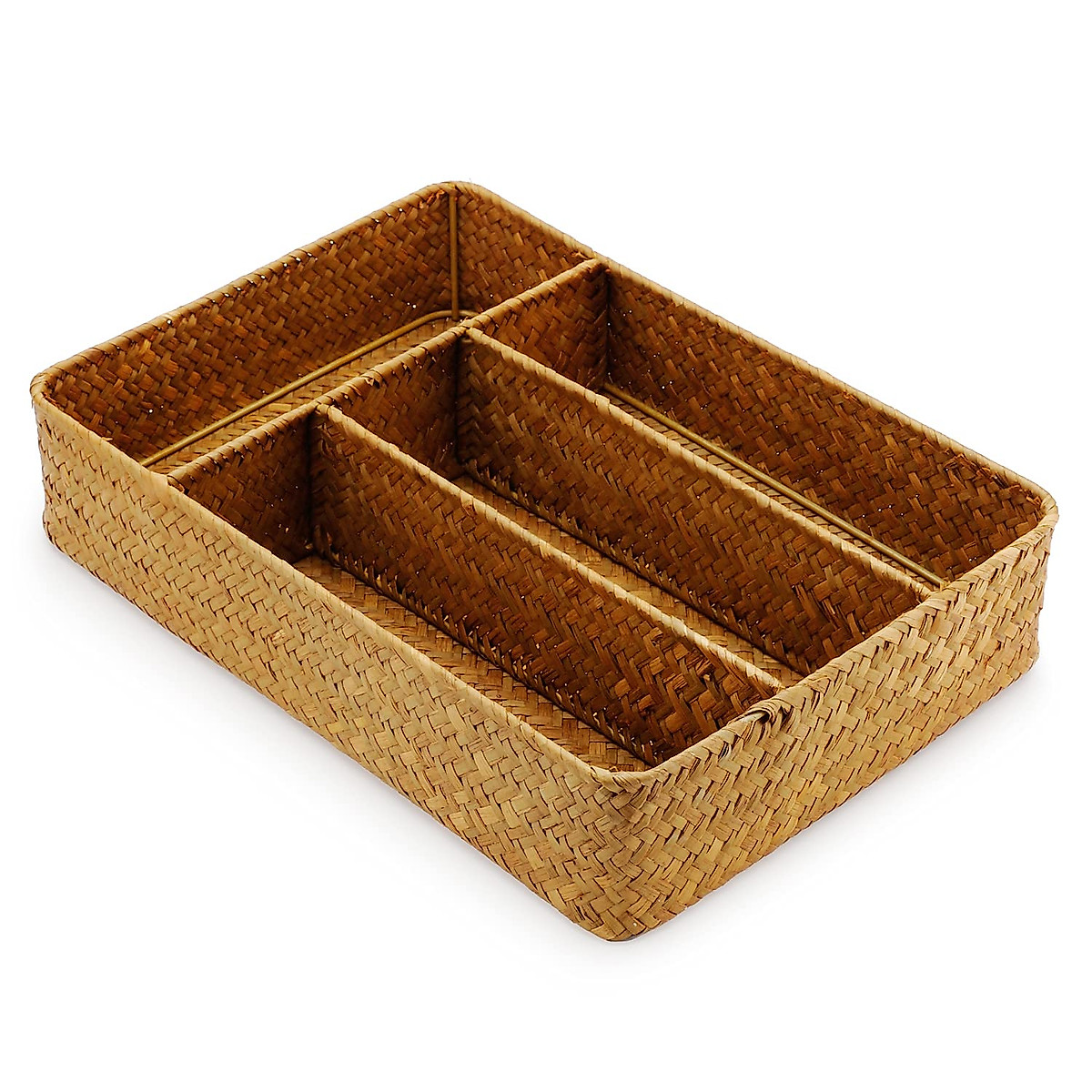 Seagrass Storage Basket with Compartments Utensil Tray for Organization Silverware Flatware Rectangular Shelf Baskets with 4 Sections