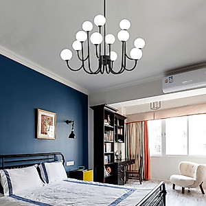 QUOOBE Modern Mid Centur Black 12 Light Chandeliers with Glass Globe,Large Sputnik Metal Ceiling Pendant Light Fixture for Living Room Dining Room Bedroom Kitchen Staircase Office