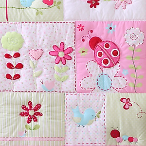 VIVILINEN Pink Ladybird Baby Crib Bedding Set for Girls 3 Pieces Bird Flowers Infant Toddler Nursery Comforter Sets with Crib Quilt Baby Blanket Fitted Sheet Crib Skirt for Standard Size Crib