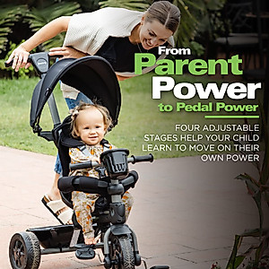 Joovy 4.1 Kids Tricycle with 4-Stages Featuring Extra-Wide Front Tire, Removable and Adjustable Parent Handle, Safety Harness, Machine-Washable Seat Pad, and Retractable Canopy (Black)