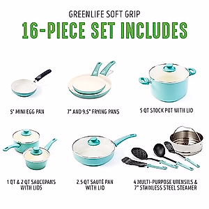 GreenLife Soft Grip Healthy Ceramic Nonstick 16 Piece Kitchen Cookware Pots and Frying Sauce Pans Set, PFAS-Free, Dishwasher Safe, Turquoise