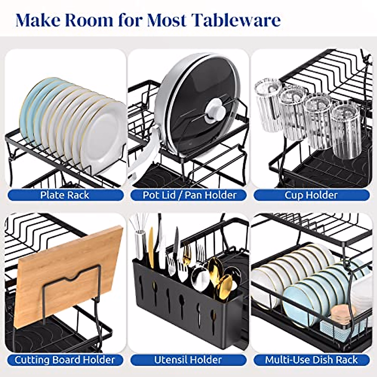Dish Drying Rack, 2-Tier Dish Drying Rack with Drainboard Set, Black Metal Dish Rack Plate Rack for Kitchen Counter, Dish Drainer with Utensil & Cutlery Holder - Space-Saving Organizer for Countertop