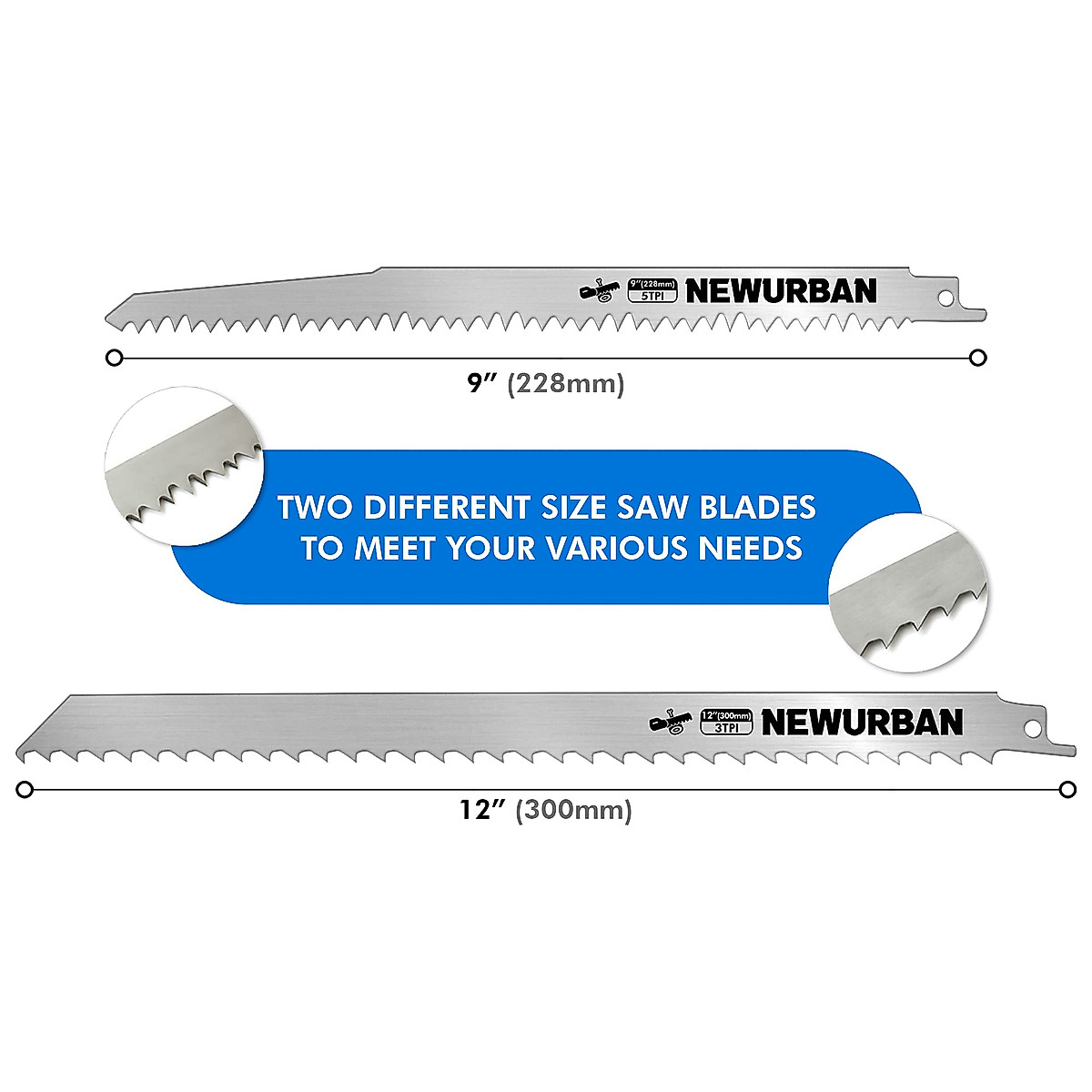 NEWURBAN 5 Pack Stainless Steel Reciprocating Saw Blades 5TPI 9 in (228mm) - 3 pcs / 3TPI 12 in (300mm) - 2 pcs for Frozen Meat Bone Food Cutting - Bonesaw Blade