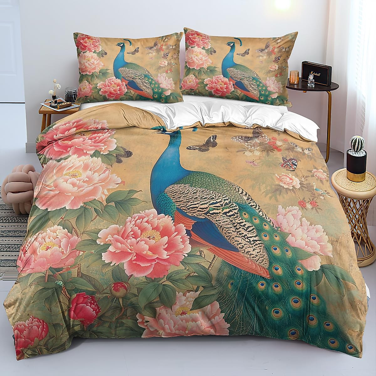 CCoutueChen Retro Pink Floral Duvet Cover Green Peacock Bedding Set Queen Size Elegant Butterflies Botanical Flowers Leaves Bed Set Peacock Bird Pattern Comforter Cover for Adult Women Girls Decor
