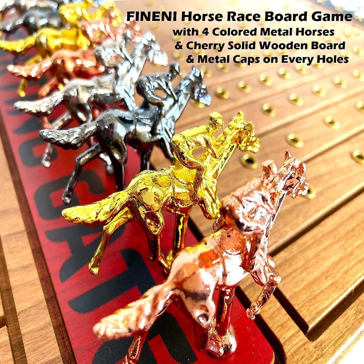 FINENI Horse Racing Game for Adults, Horse Race Board Game with 11 Luxurious Metal Horses (Gold, Silver, Black, Rose Gold), 22” Cherry Wood Horse Race Game Board, Dice & RoseGoldCard Included (Cherry)