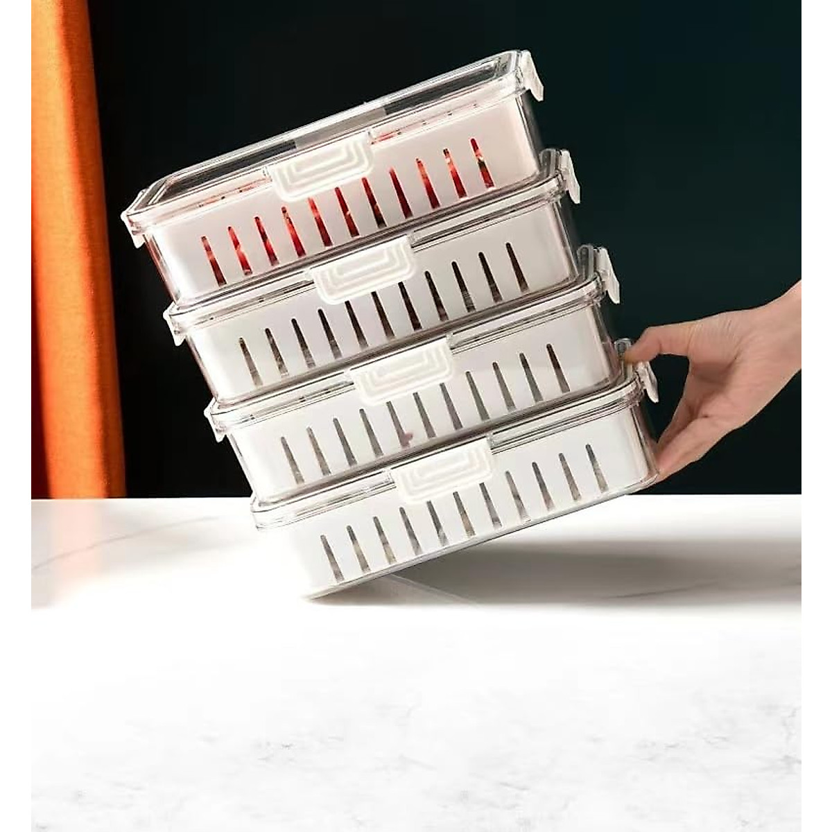 Frianchlly 1PCS Produce Saver Rectangular Food Storage Container, White, 11.5 x 3 x 3 Inches, Airtight, Leak Proof, Reusable, Durable, Dishwasher Safe