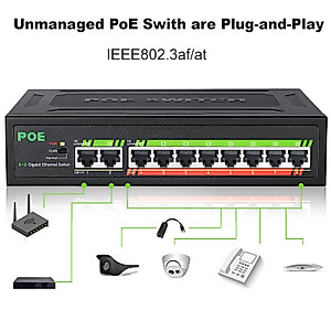 10 Gigabit Port PoE Ethernet Switch, 8 PoE Port Switch with 2 Uplink, Unmanaged Ethernet Splitter 802.3af/at Compliant Plug & Play Traffic Transmission