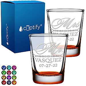 Personalized Mr and Mrs Shot Glasses Set 2oz Orange Bottom Custom Engraved for Couples, Wife and Husband, Fiance and Fiancee, Bride and Groom at Wedding Party, Anniversary and Engagements