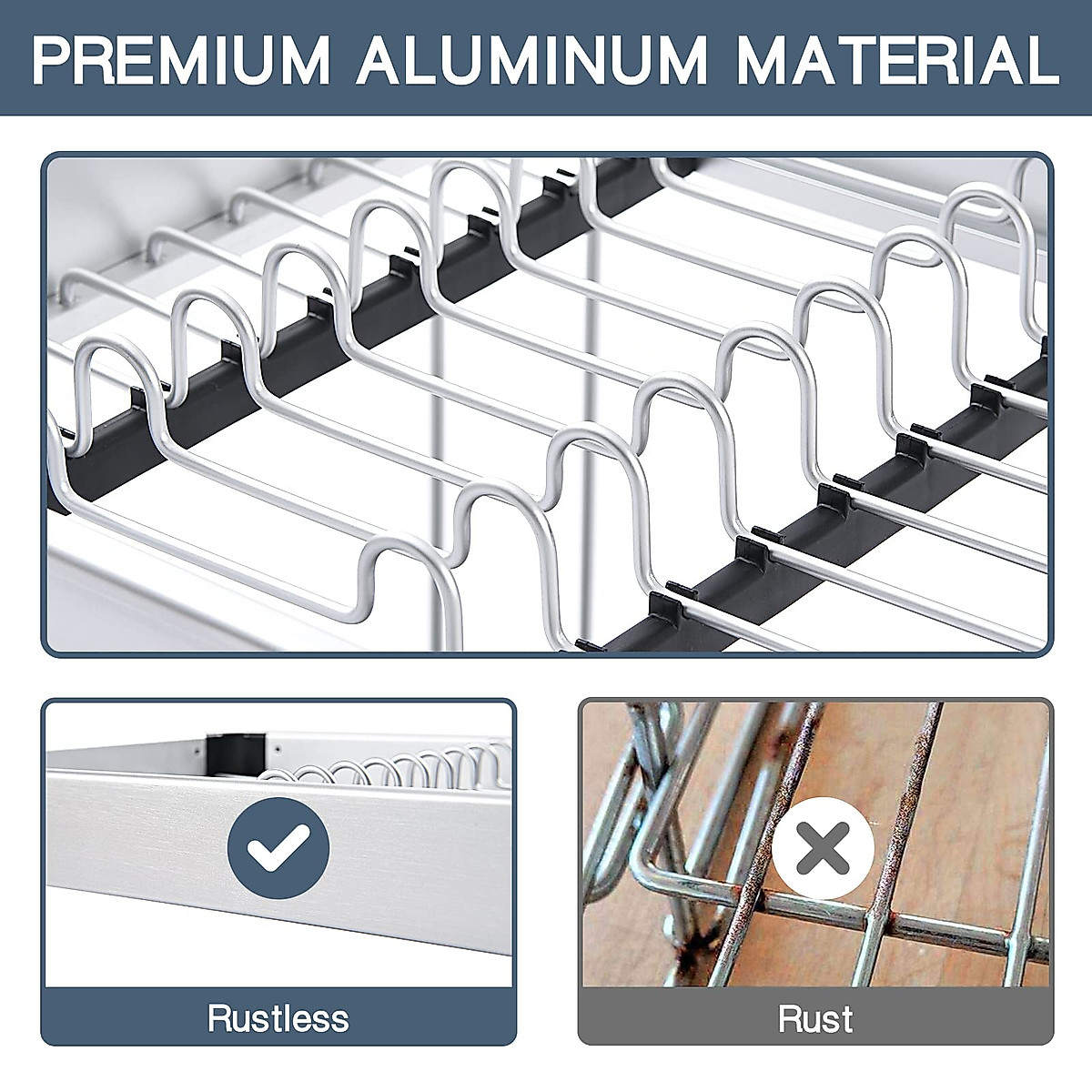 TOOLF Aluminum 2-Tier Dish Drying Rack, Sink Dish Rack, Dish Drainer with Anti-Rust Frame, 360° Swivel Spout Drip Tray, Utensil Holder for Kitchen