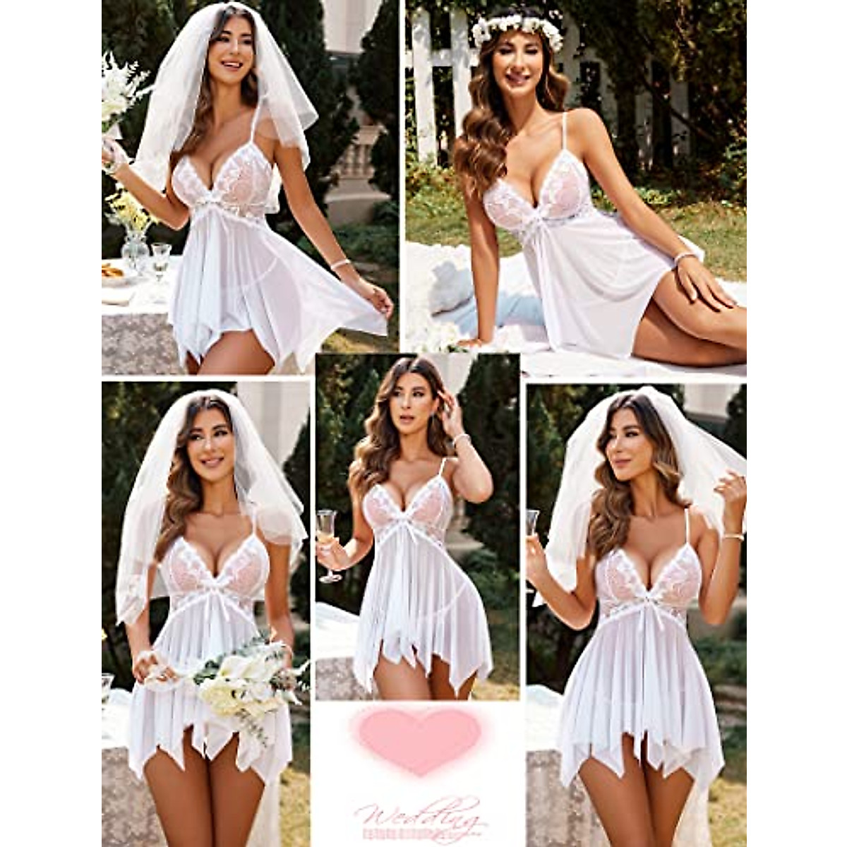 Avidlove Wedding Lingerie for Bride Lace Babydoll Sexy Lace Sleepwear for Women, White, Medium