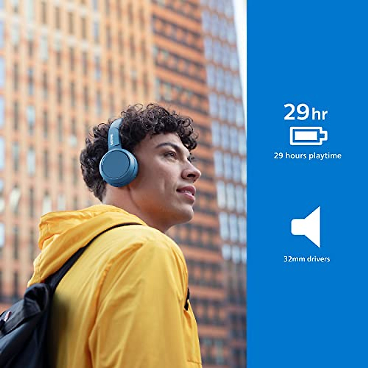Philips H4205 On-Ear Wireless Headphones with 32mm Drivers and BASS Boost on-Demand, Blue