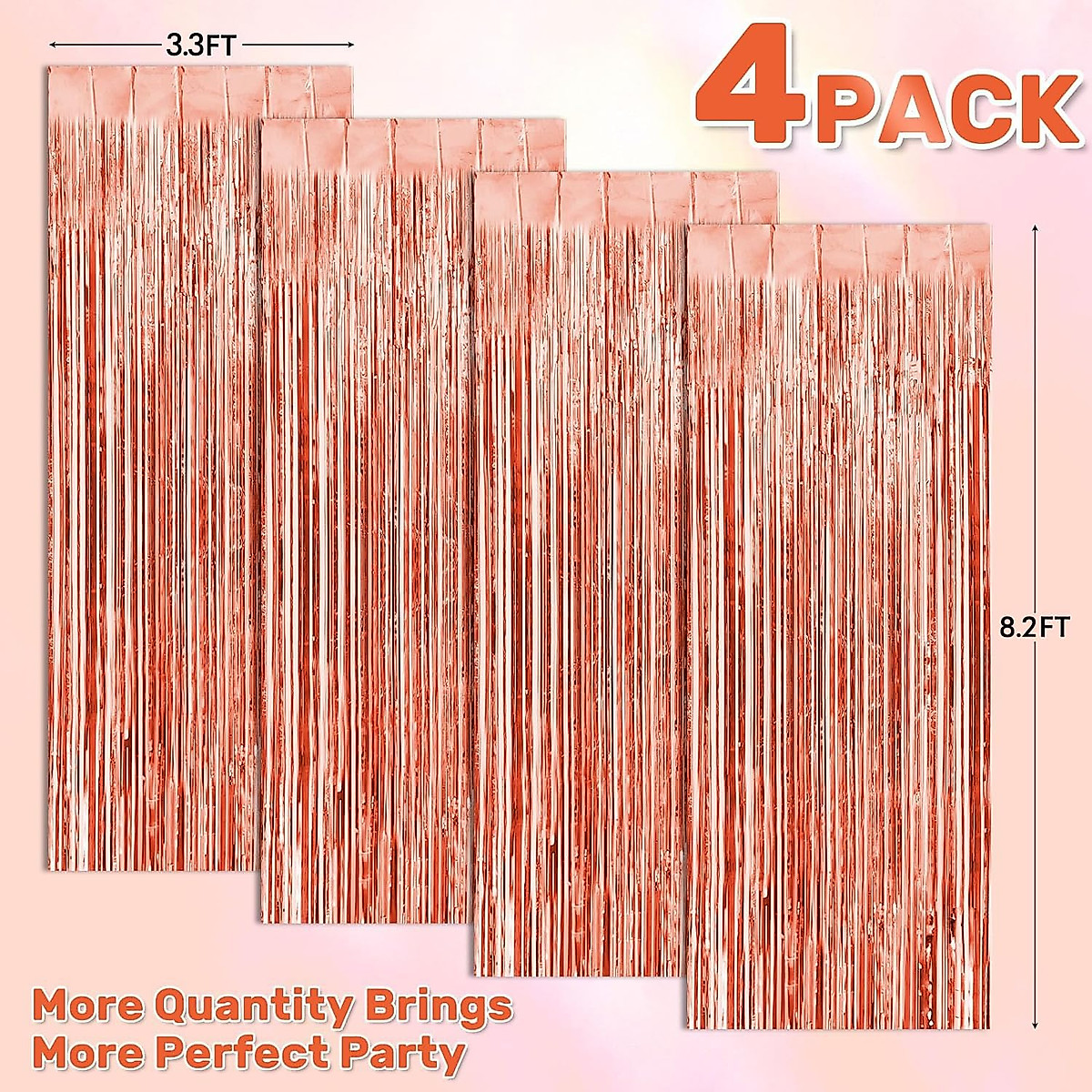 4-Pack Backdrop for Party Decorations, Foil Fringe Backdrop Curtains, Tinsel Streamers for Birthday Party Decorations, Rose Gold Tinsel Curtain for Graduation Mermaid Baby Shower New Year Prom Parties