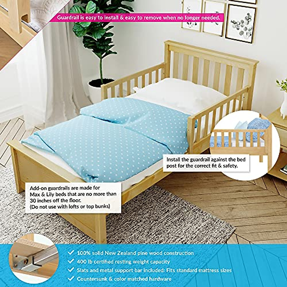 Max & Lily Twin Bed, Bed Frame with Headboard For Kids with 2 Guard Rails, Slatted, Natural