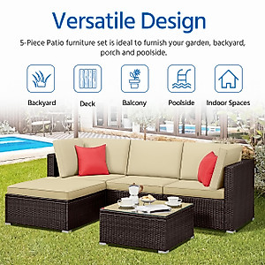 Yaheetech Patio Furniture Set, 5-Piece Outdoor/Indoor Rattan Wicker Sofa Set w/Glass-top Table & Cushions, All-Weather Conversation Lounge Set for Porch/Yard/Poolside/Balcony - Brown/Khaki