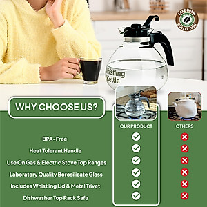 CAFÉ BREW COLLECTION Borosilicate Glass Stove Top Whistling Tea Kettle - Best BPA Free Whistling Tea Kettle - Best Glass Tea Kettle - 12 Cup Stovetop Glass Whistling Tea Kettle by Medelco