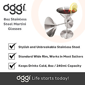 OGGI Stainless Steel Martini Glasses - 8oz, Set of 2 - Unbreakable Martini Glasses, Ideal Outdoor Martini Glasses for Boating, RV, Parties, Stylish Cocktail Glasses & Martini Glass Gift Set