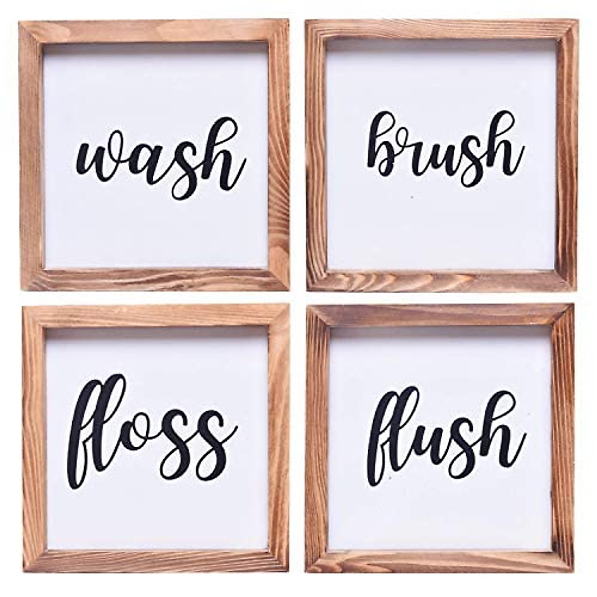 Athena's Elements Farmhouse Bathroom Wall Decor Wash, Brush, Floss, Flush Sign Modern Rustic Style Home Decoration Solid Wood Frame 32 x 7 inches or 15 x 15 inches (Set of 4)