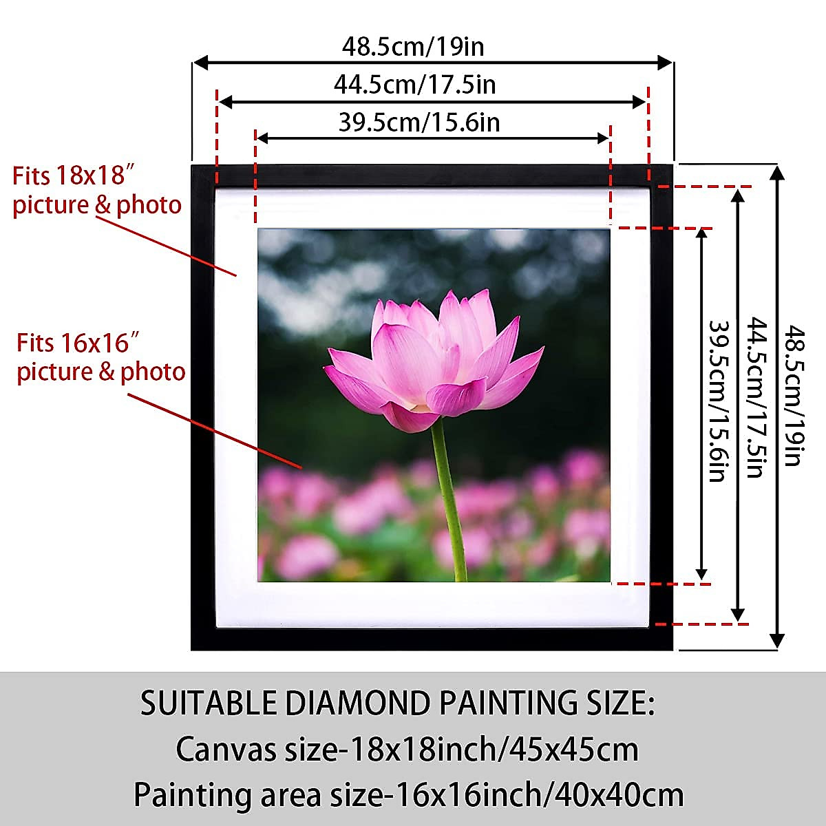 Mxtallup 40x40 Diamond Painting Frames Picture Wood,Display Pictures16x16 Inch/ 40x40 cm with Mat or 18x18 Inch/45x45cm Without Mat, Diamond Embroidery Photo Frame Diamond Art frames Black (TK007)