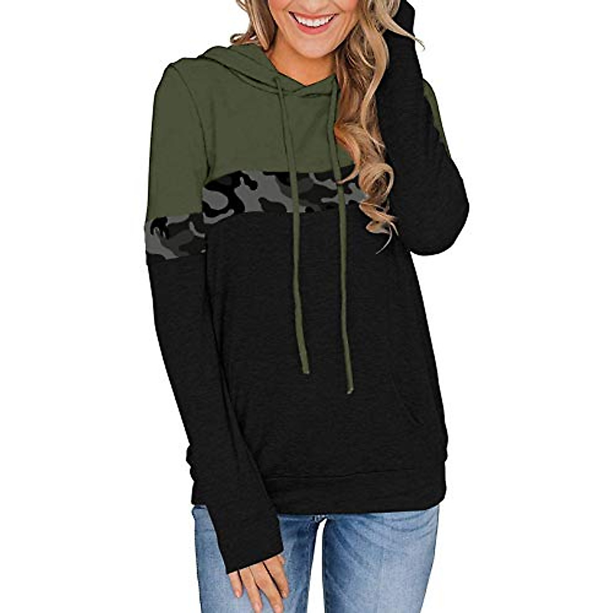 LERUCCI Womens Casual Long Sleeve Hoodie Sweatshirts Color Block Drawstring Pullover Shirts Tops with Pockets Camouflage Army Green Medium