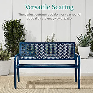 Best Choice Products Outdoor Bench 2-Person Metal Steel Benches Furniture for Garden, Patio, Porch, Entryway w/Geometric Backrest, 790lb Capacity - Peacock Blue