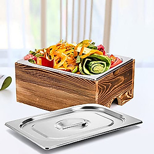 Frcctre Kitchen Compost Bin, 2.1 Gallon Countertop Compost Bin with Lid and Pinewood Box, Smell Proof and Rust Proof Stainless Steel Insert, Indoor Large Compost Bin Kitchen Counter