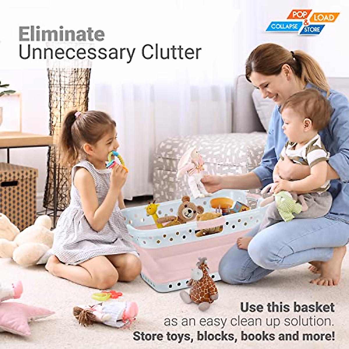 Pop & Load Collapse & Store 1 Large 25" Slim Collapsible Plastic Laundry Basket, Space Saving Portable Pop Up Storage & Organization Basket, 3" High When Folded, 3 Comfort Grip Handles, Blush Pink