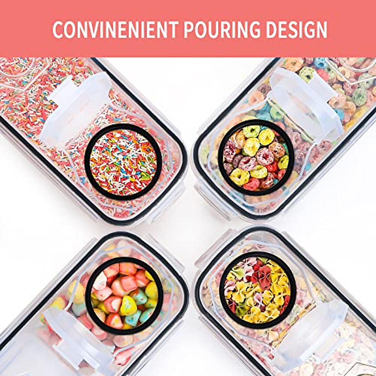 PRAKI Large Dry Food Storage Containers with Lids, 6PCS Airtight Cereal Containers Storage Set, Leak-proof Canister Set for Kitchen Pantry Organization with 20 Labels & Marker (4L Black)