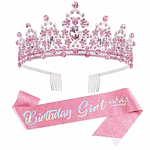 SuPoo Pink Birthday Crowns Birthday Sash and Crown Kit Birthday Tiara Rhinestones Metal Crown with Comb Glitter Birthday Girls Sash Crystal Headband Princess Tiaras for Girl Happy Birthday Decorations