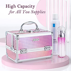 FRENESSA Makeup Train Case Cosmetic Case Organizer Portable Makeup Box 2 Trays with Lockable Mirror Makeup Storage Organizer for Girls Makeup Artist Makeup Tools Travel Makeup Case Glitter Pink