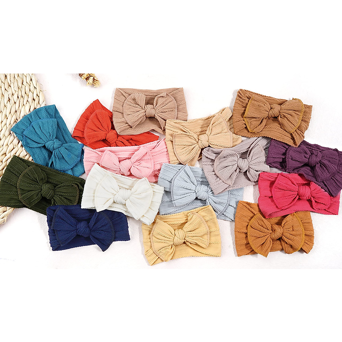 Ayesha Baby Girl Headbands with Bows - 15pcs Soft Nylon Elastics and Hair Accessories for Newborns, Toddlers, and Infants